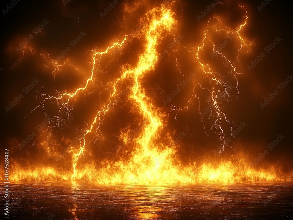 Dramatic image of intense lightning strikes amidst flames, creating a ...