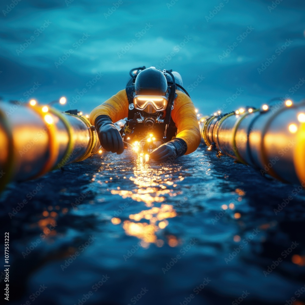 Underwater Diver Conducting Detailed Inspection of Pipeline for ...