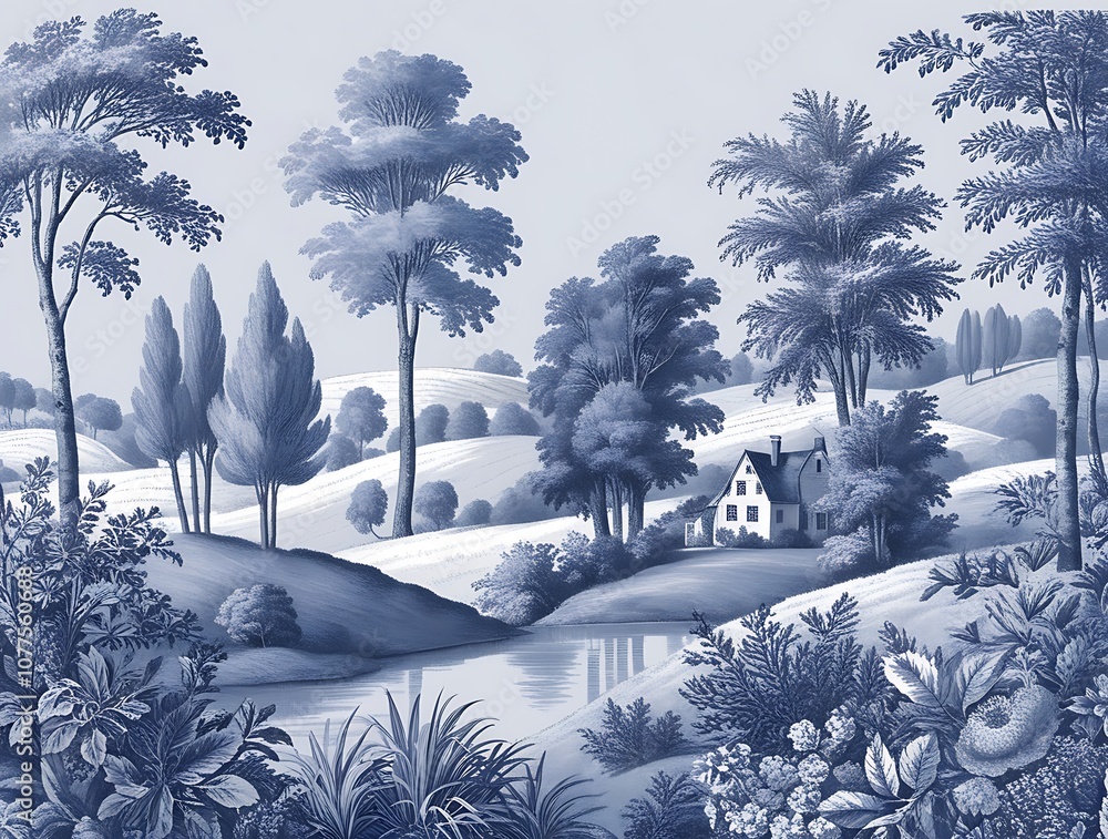 elegant blue and white toile pattern intricate pastoral scenes delicate ...