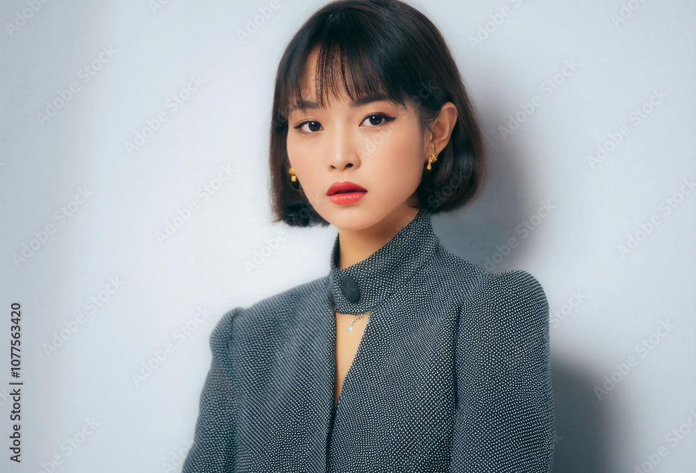 Elegant and timeless: a Japanese model showcases modern fashion against ...