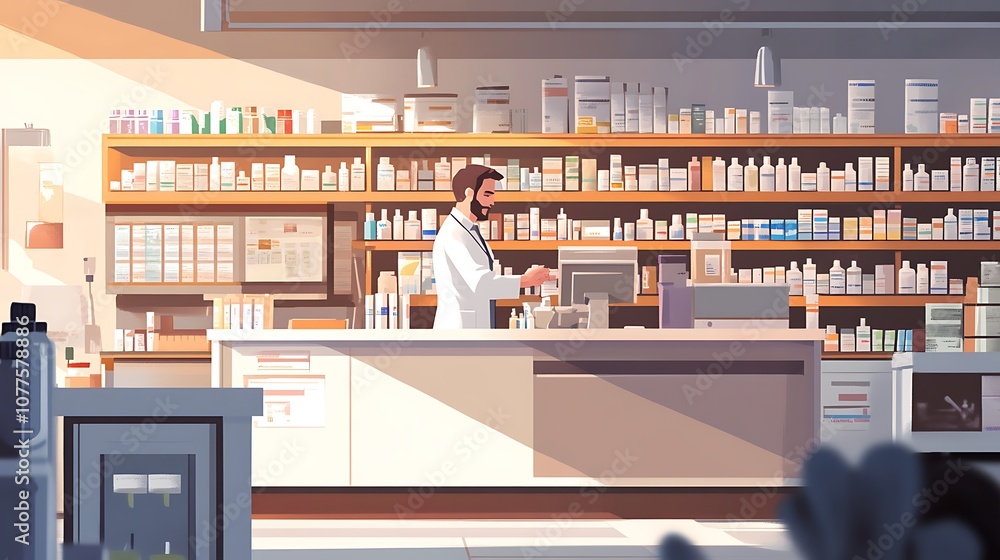 German pharmacist standing a pharmacy counter dispensing medication ...