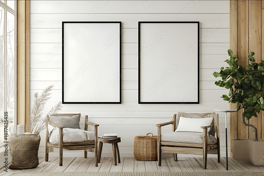 Foto de Stock 2 blank white black 24x36 vertical poster frames hung up ...