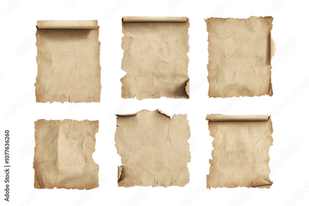 Old vintage paper sheets set with torn edges. Different texture of ...