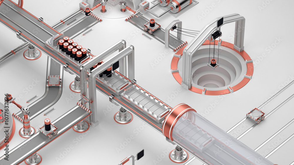Isometric futuristic industrial factory setup with conveyors, machinery ...