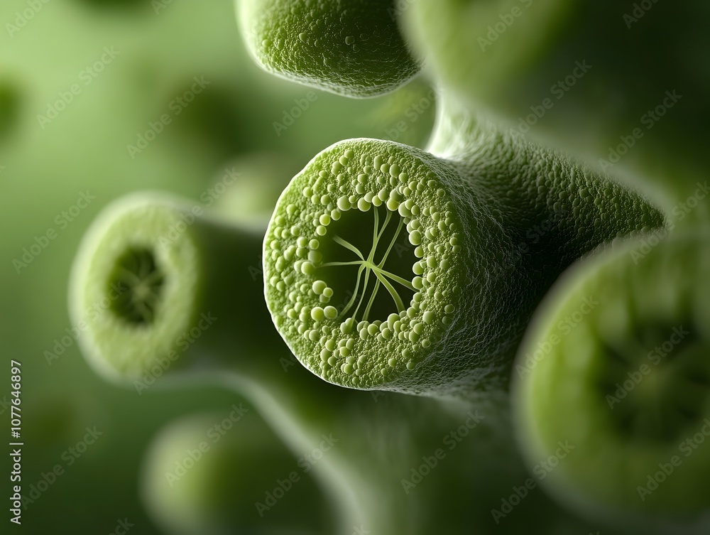 Microscopic view of the vibrant green microalgae Acutodesmus obliquus ...