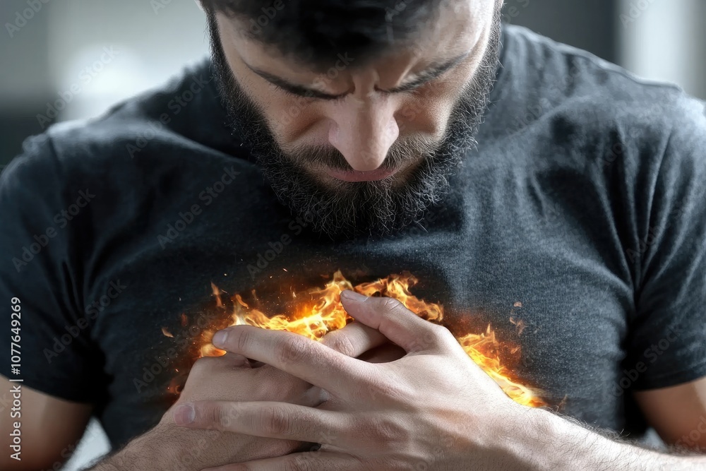 Health warning: man holding his stomach in discomfort, symbolizing ...