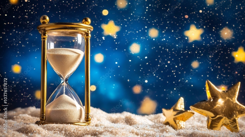Golden sand flowing through an hourglass in a countdown to New Year s ...