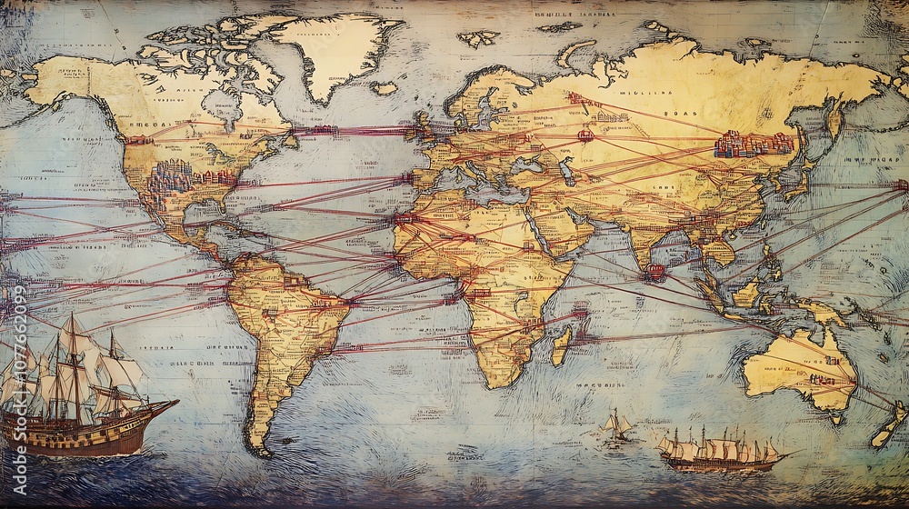 World map with arrows connecting different countries showing global ...