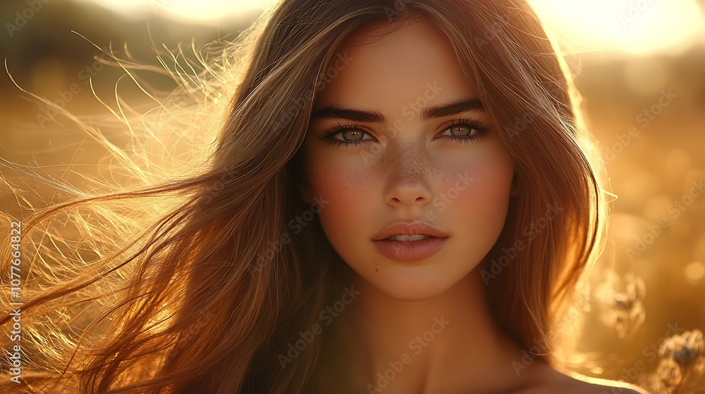 Hair model with long, flowing hair illuminated by the golden light of ...