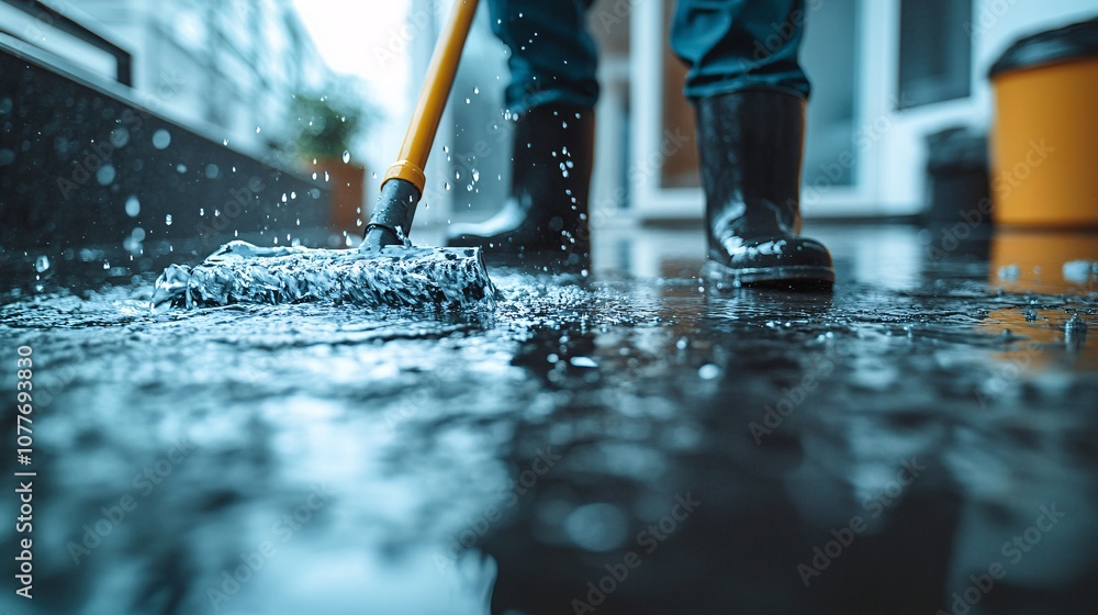 Person in rubber boots mopping a flooded floor, highlighting cleaning ...