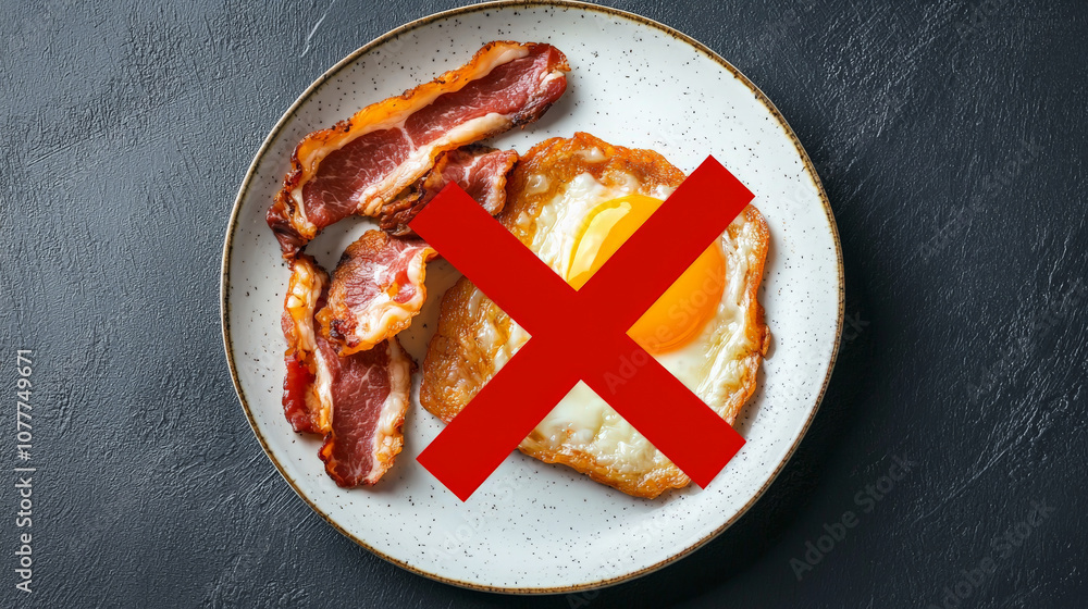 plate of fatty processed meats and fried egg with red cross over it ...