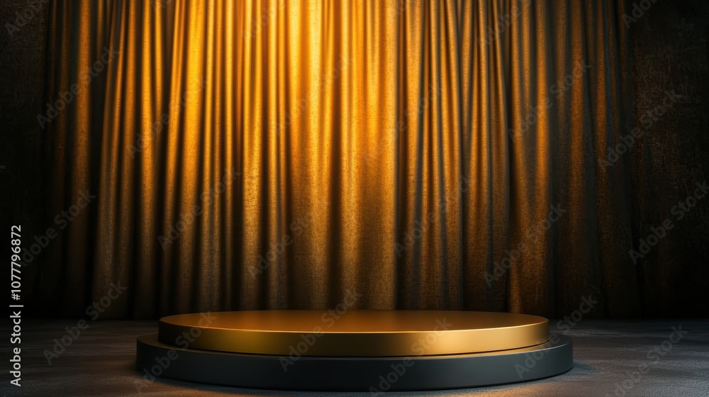 A well-lit stage with a circular podium and luxurious golden curtains ...