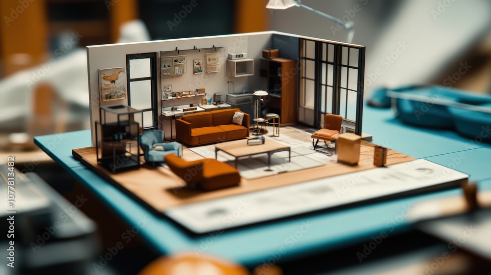An interior designer studio with a layout board, miniature furniture ...