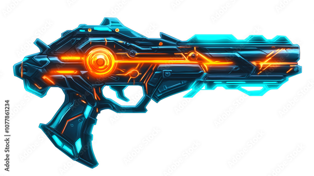 Sci fi Gun A futuristic sleek gun with glowing blue and orange details ...