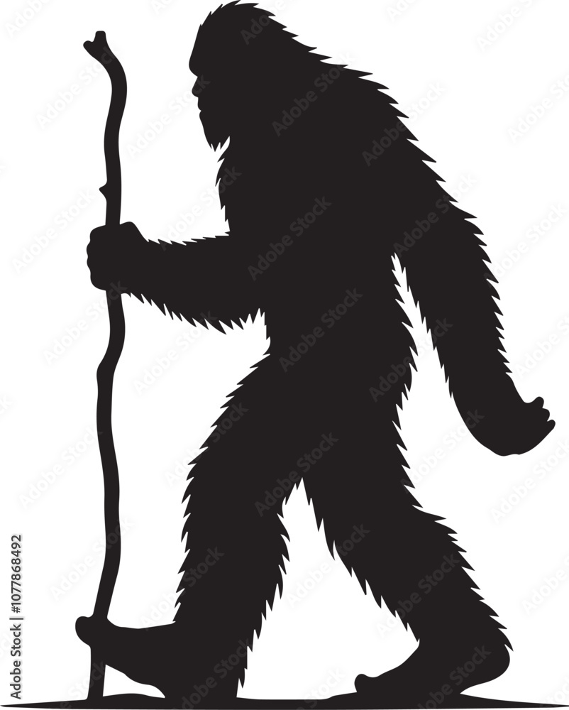 Bigfoot silhouette carrying a walking stick resembling a hiker Stock ...