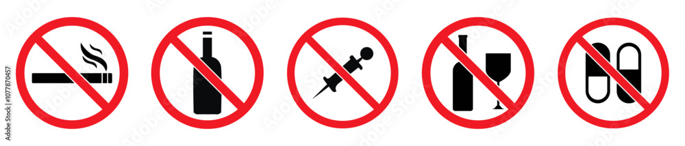 Set of prohibition icons showing no smoking, no alcohol, no drugs, no ...