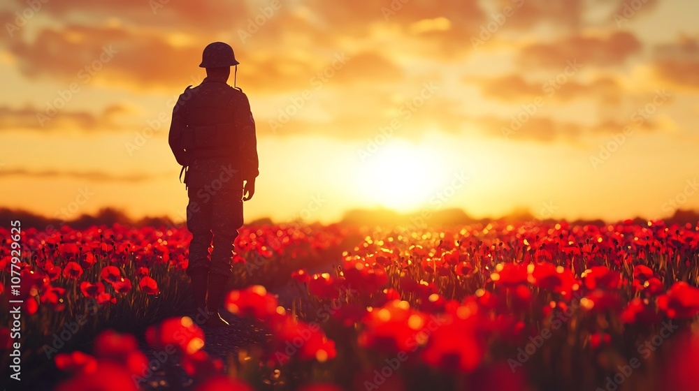 Silhouette of a lone soldier standing in a vibrant field of red poppies ...