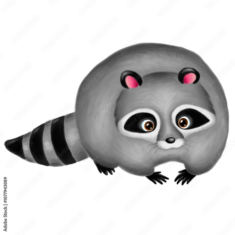 cute fluffy gray raccoon with striped tail stands on four legs and ...