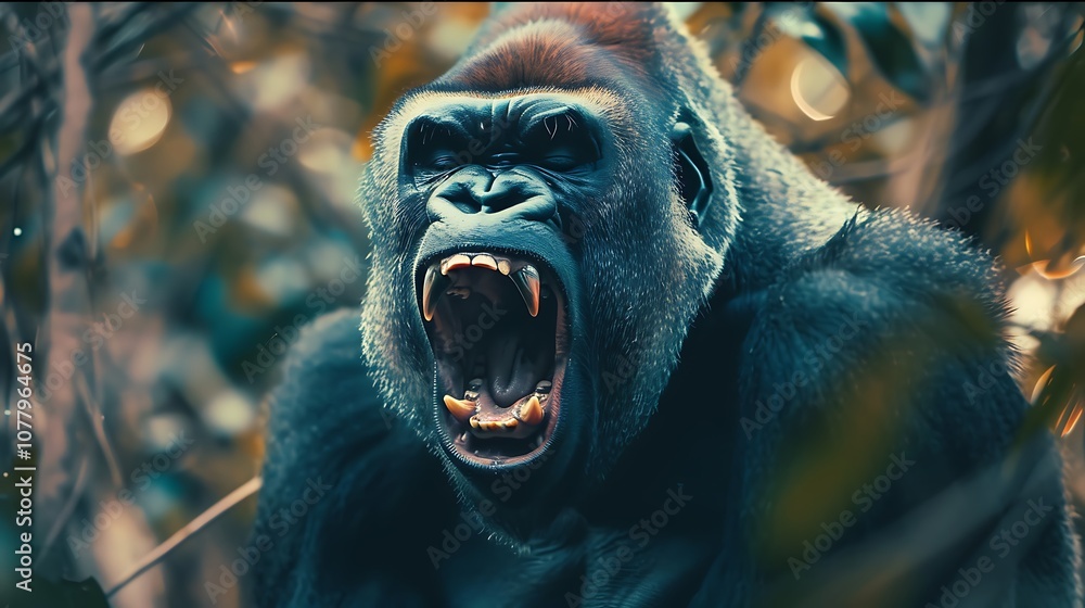 Angry, aggressive monkey gorilla in the jungle, screaming like King ...
