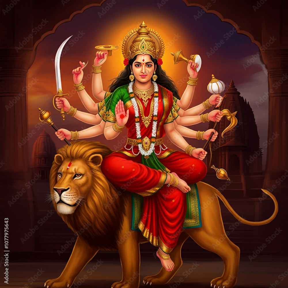 Illustration of Goddess Durga seated on a lion, wielding multiple ...