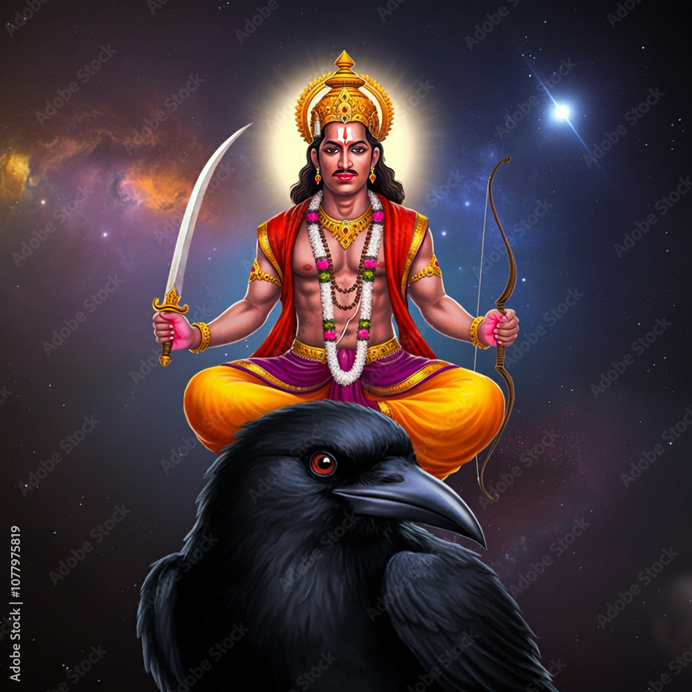 Shani Dev, the deity of justice and karma, seated on a crow, holding a ...