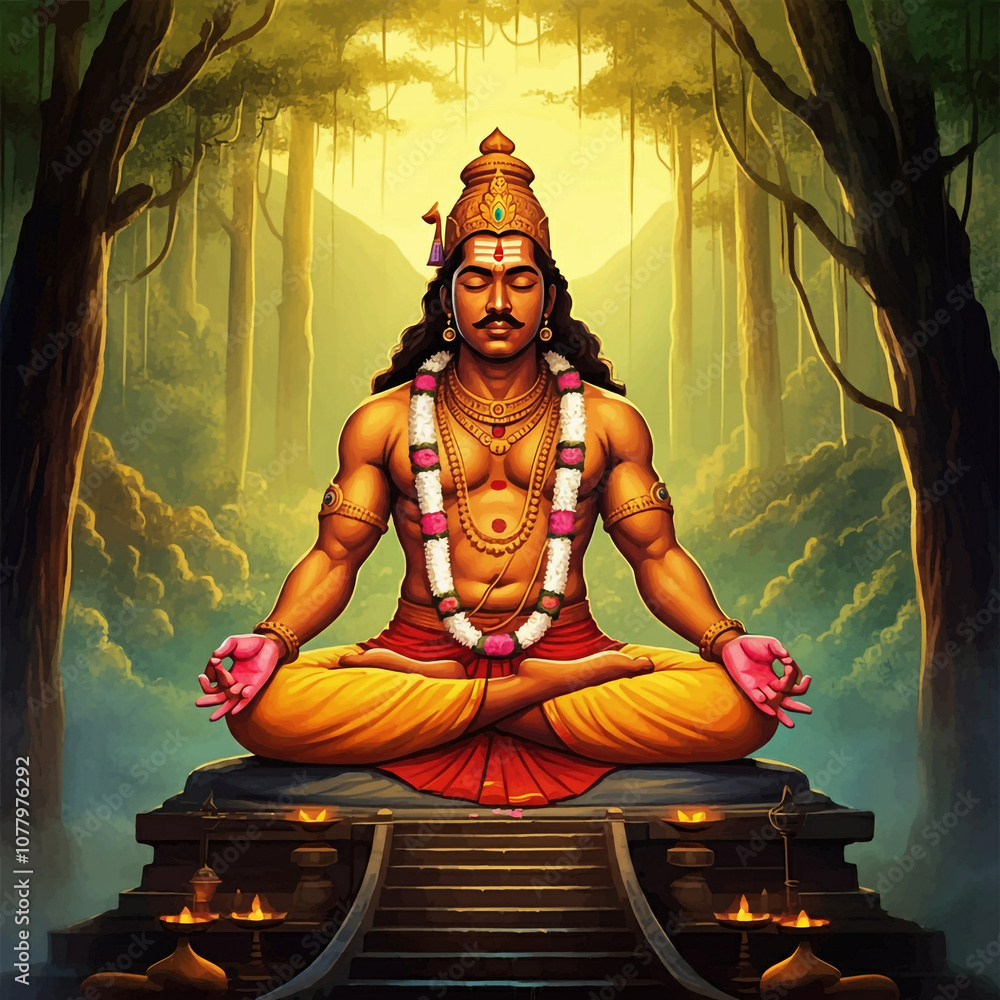 Depiction of Lord Ayyappa in a meditative pose, embodying discipline ...