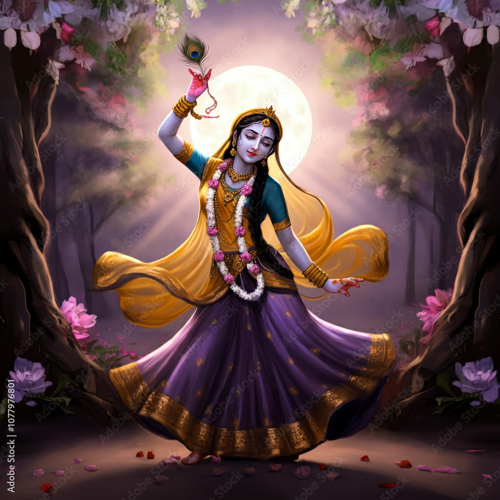 Radha dancing gracefully under the moonlight, symbolizing devotion ...