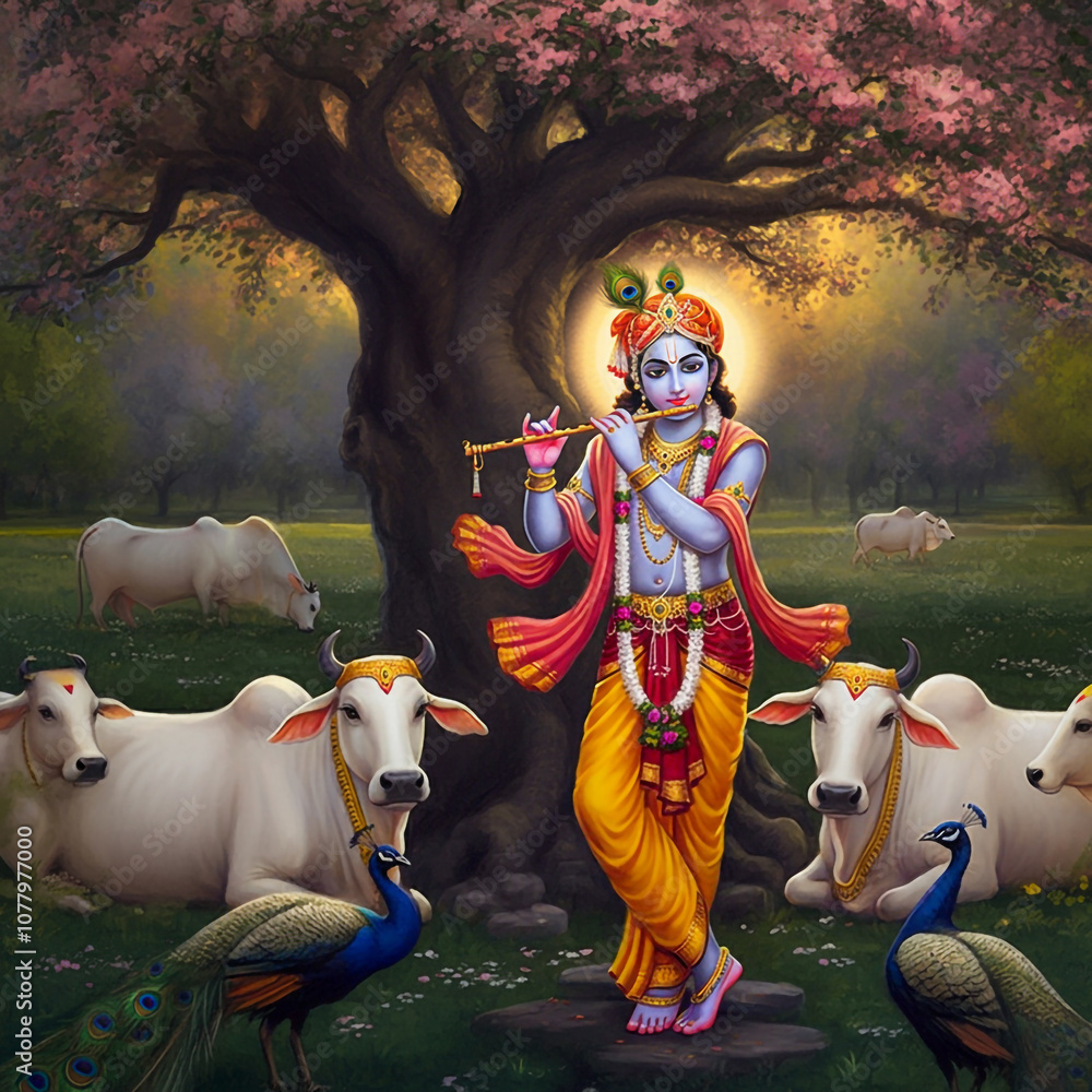 Lord Krishna playing the flute under a tree, surrounded by cows ...