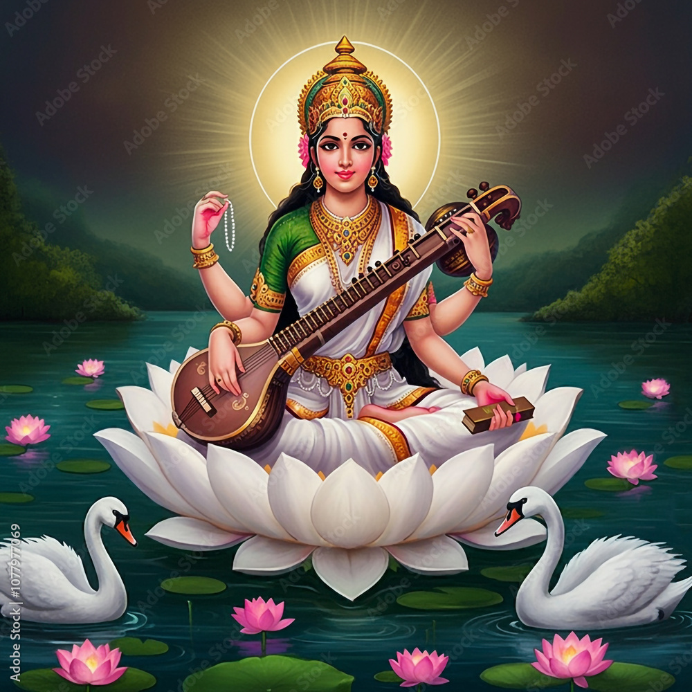 Goddess Saraswati seated on a lotus, playing the veena, symbolizing ...