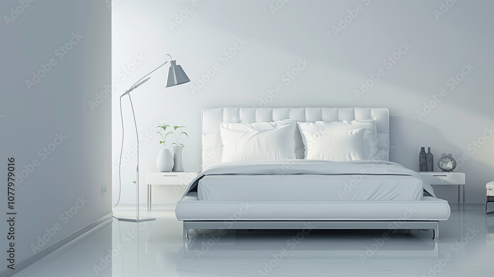 Contemporary bedroom interior design with a white leather bed, sleek ...