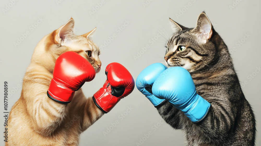 Two cats wearing boxing gloves fighting each other on a gray background ...