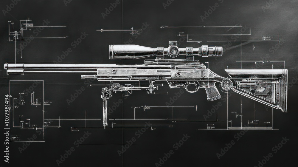 Blueprint of a sniper rifle's bolt-action system, showing the cocking ...