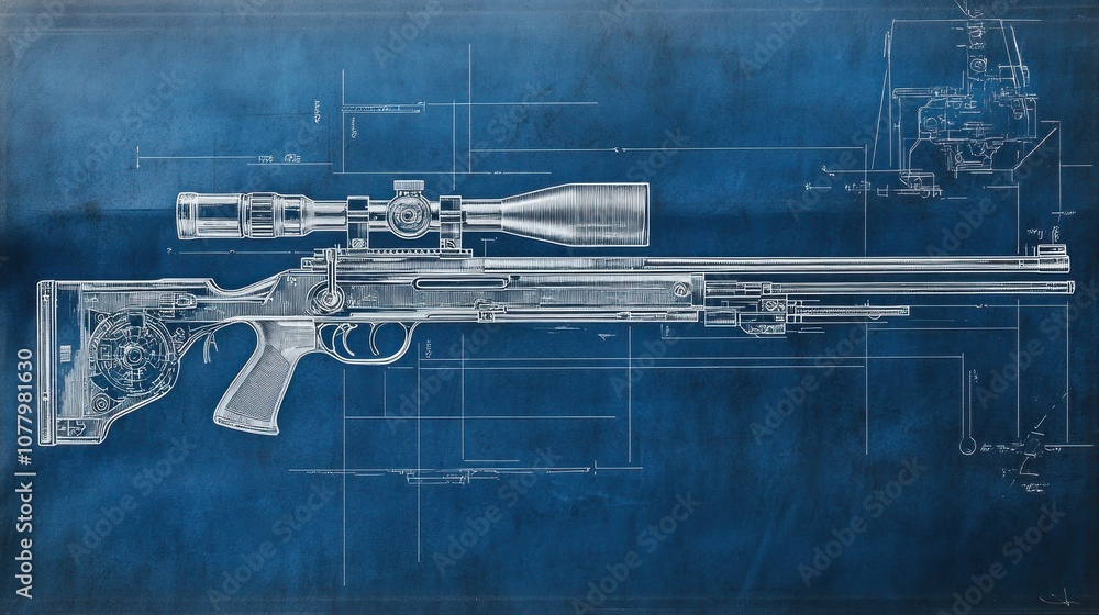 Blueprint of a sniper rifle's bolt-action system, showing the cocking ...