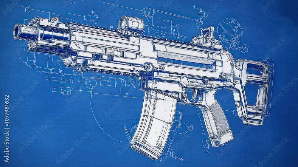 Blueprint of a submachine guns barrel assembly, showcasing the muzzle ...