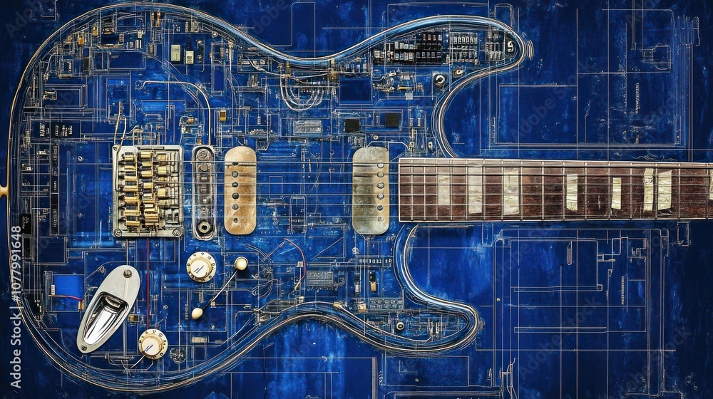Photorealistic blueprint of an electric guitars electronics cavity, with detailed wiring ...