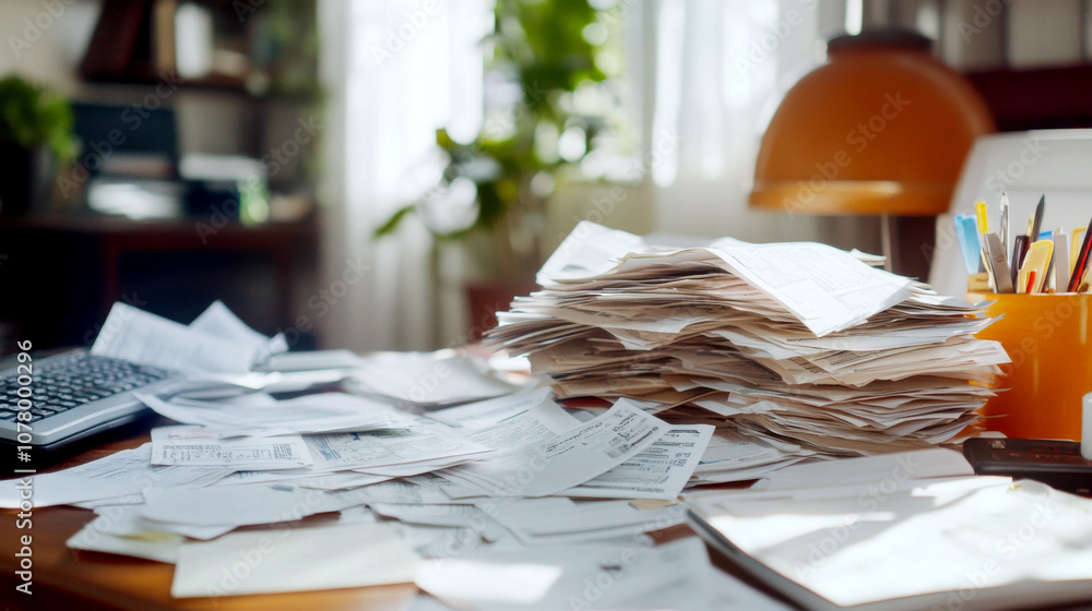 Desk filled with overwhelming piles of bills and cluttered paperwork ...