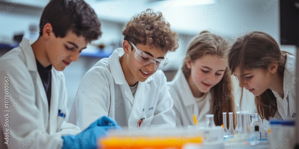 A group of four young students experiments in a modern laboratory. They ...