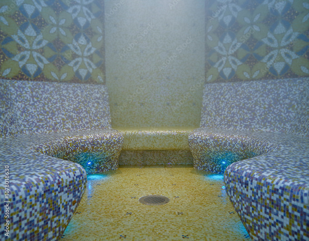 Turkish bath or steam sauna with mosaic tiles inside male locker room ...