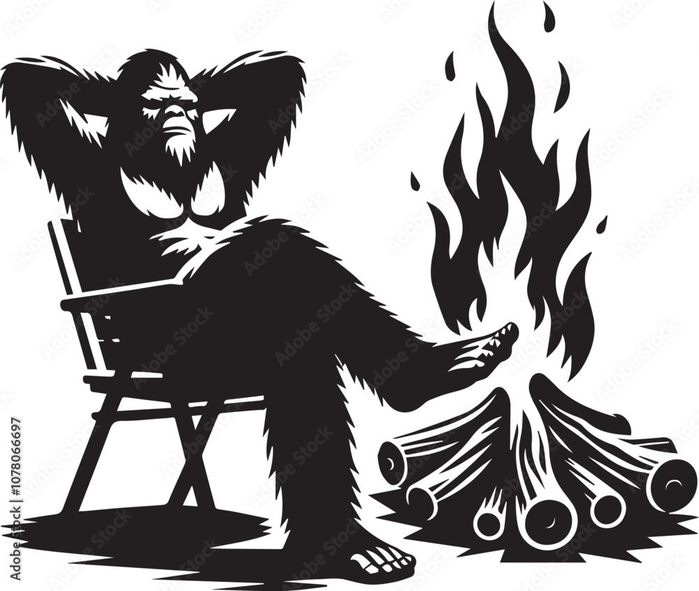 Bigfoot silhouette relaxing by a campfire arms behind head Stock Vector ...