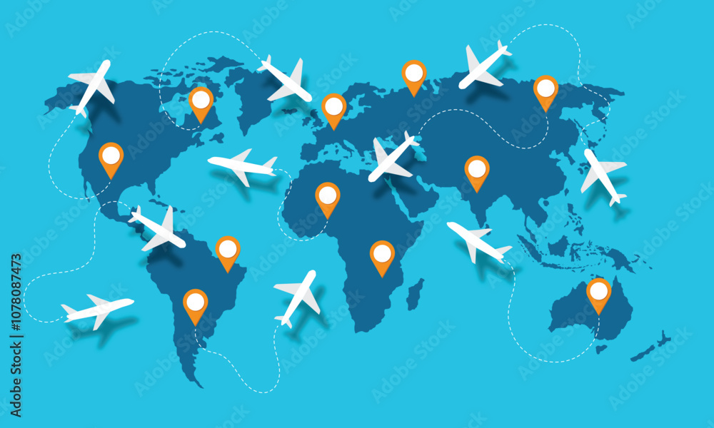 Illustration of airplanes travel routes on a world map. world travel ...