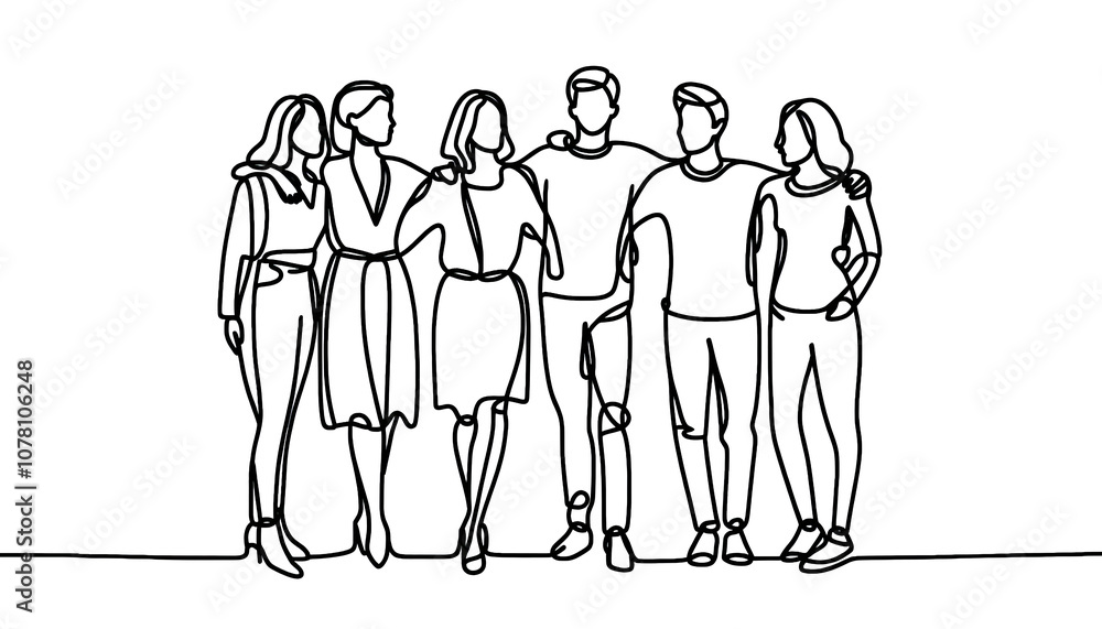 Simple one line drawing group of friends standing together ...