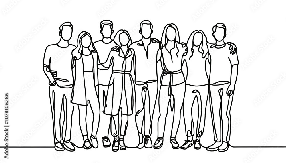 Simple one line drawing group of friends standing together ...