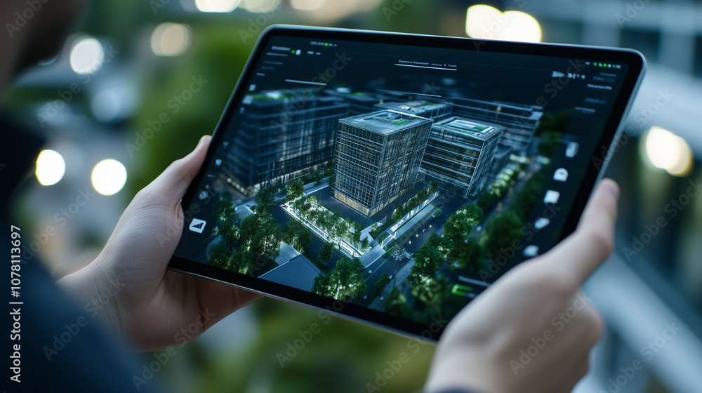 Digital tablet held by an architect, displaying top-down view of a ...