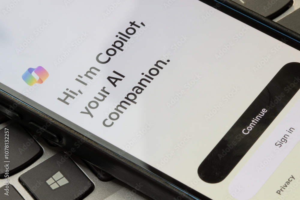 Portland, OR, USA - Nov 4, 2024: Microsoft Copilot app's login page is seen on an iPhone ...