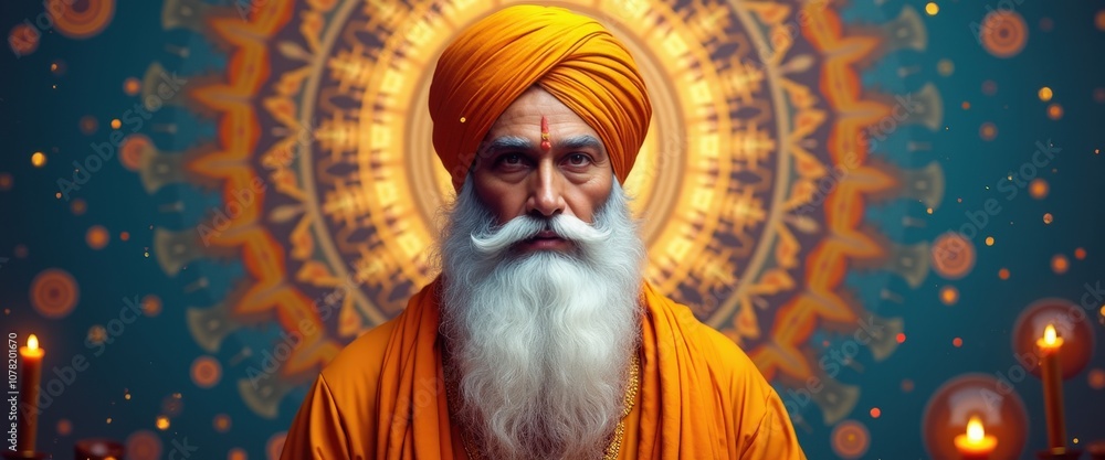 Ilustración de Stock Guru Nanak Dev Ji with Sikh symbols symbolizing ...