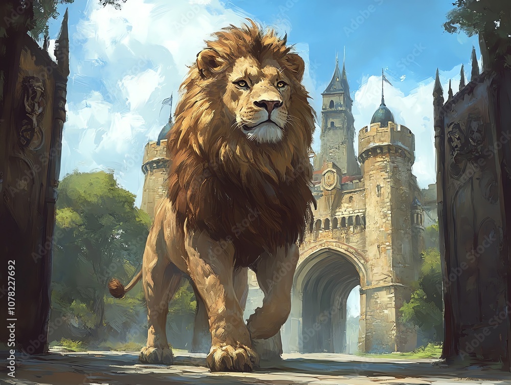 A majestic lion stands guard at the entrance to a grand castle, with a ...
