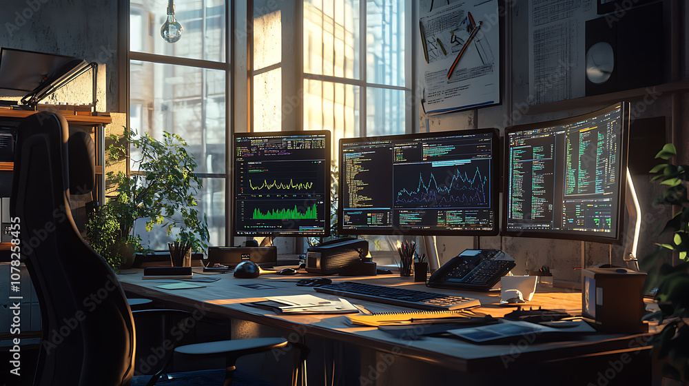 Economist’s workspace, filled with data charts and computer screens, 8k ...