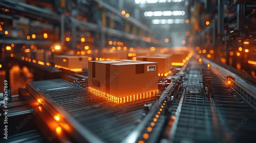 digital rendering of cardboard boxes on an assembly line with data and ...