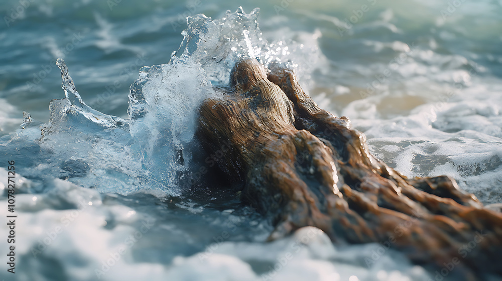 Ocean wave drowning a piece of driftwood, turbulent water, 8k, hyper ...