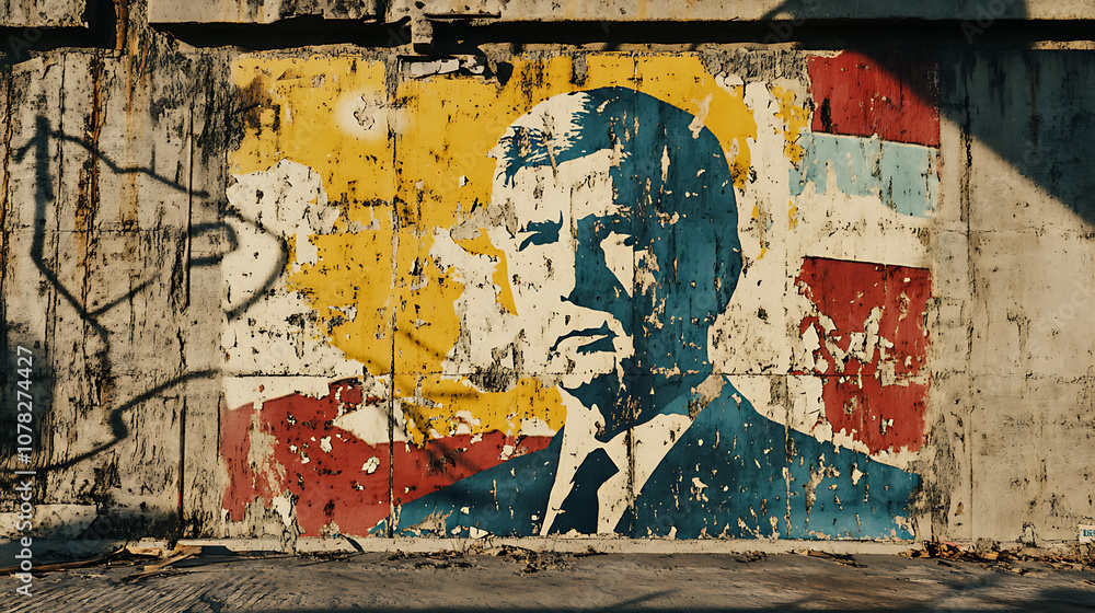 Political endorsement poster peeling on old concrete wall, bold colors ...